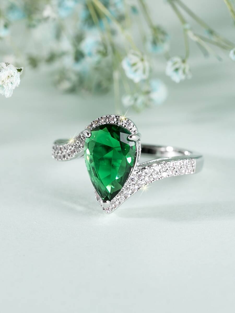 1PC Drop Water Trendy Green Cubic Zirconia Silver Color Ring For Women ...