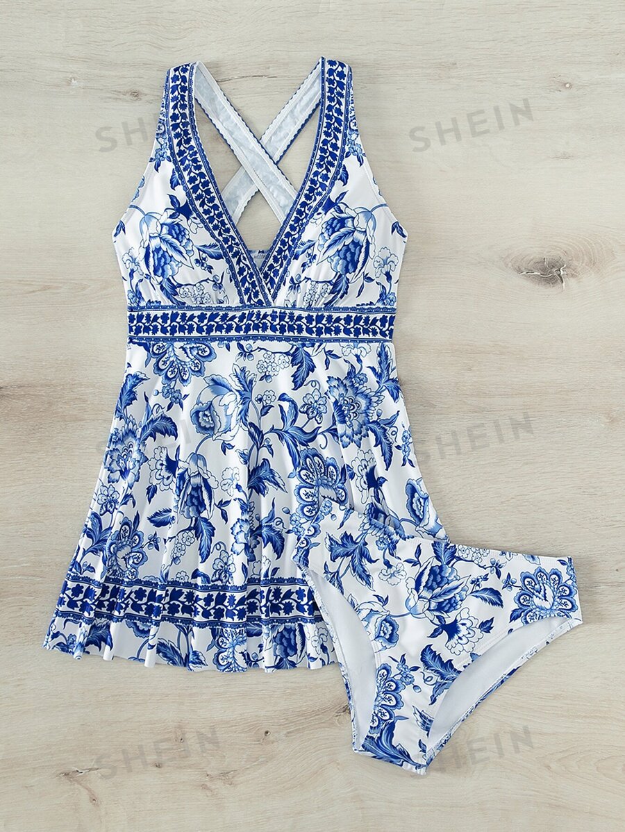 SHEIN Swim Floral Print Tankini Set Cross Back Swim Dress & Hipster ...