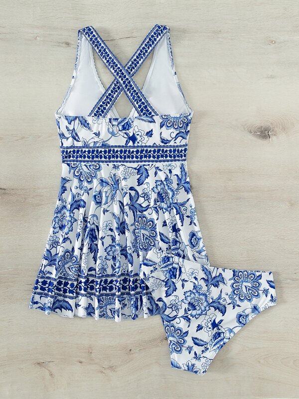 SHEIN Floral Print Tankini Set Cross Back Swim Dress & Hipster Bottom 2 ...