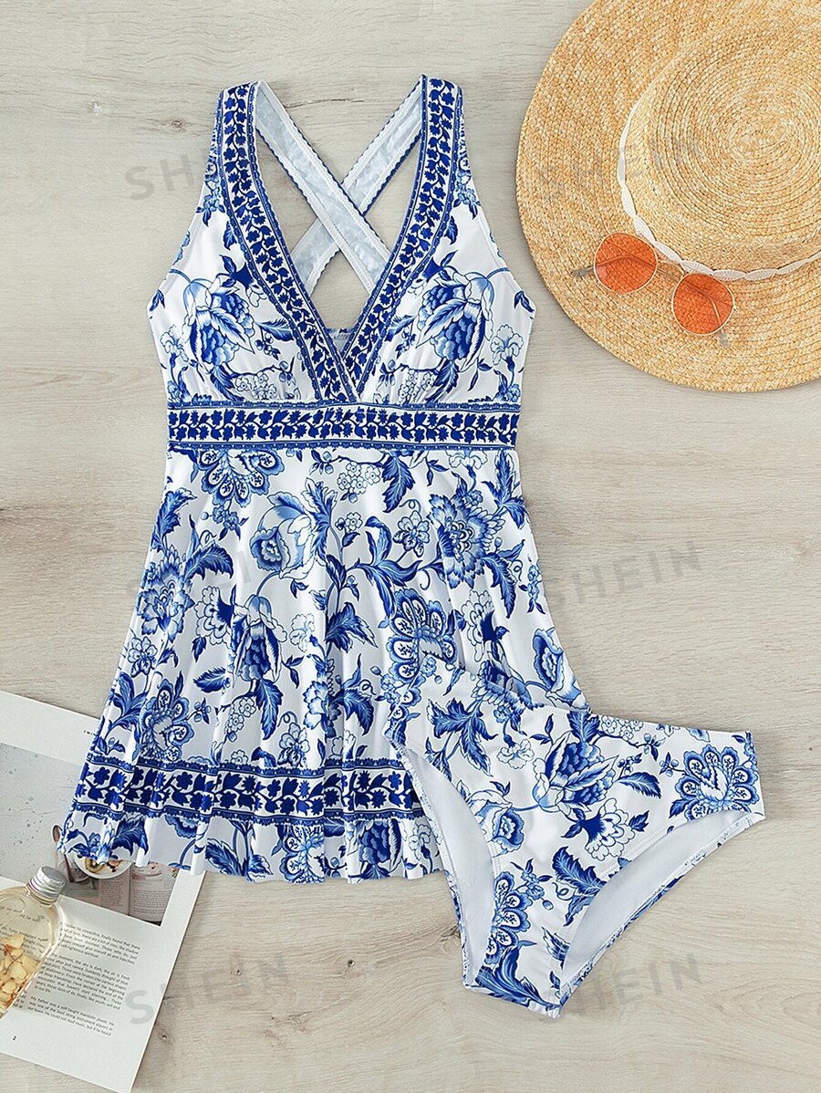 Floral Print Tankini Set Cross Back Swim Dress & Hipster Bottom 2 Piece ...