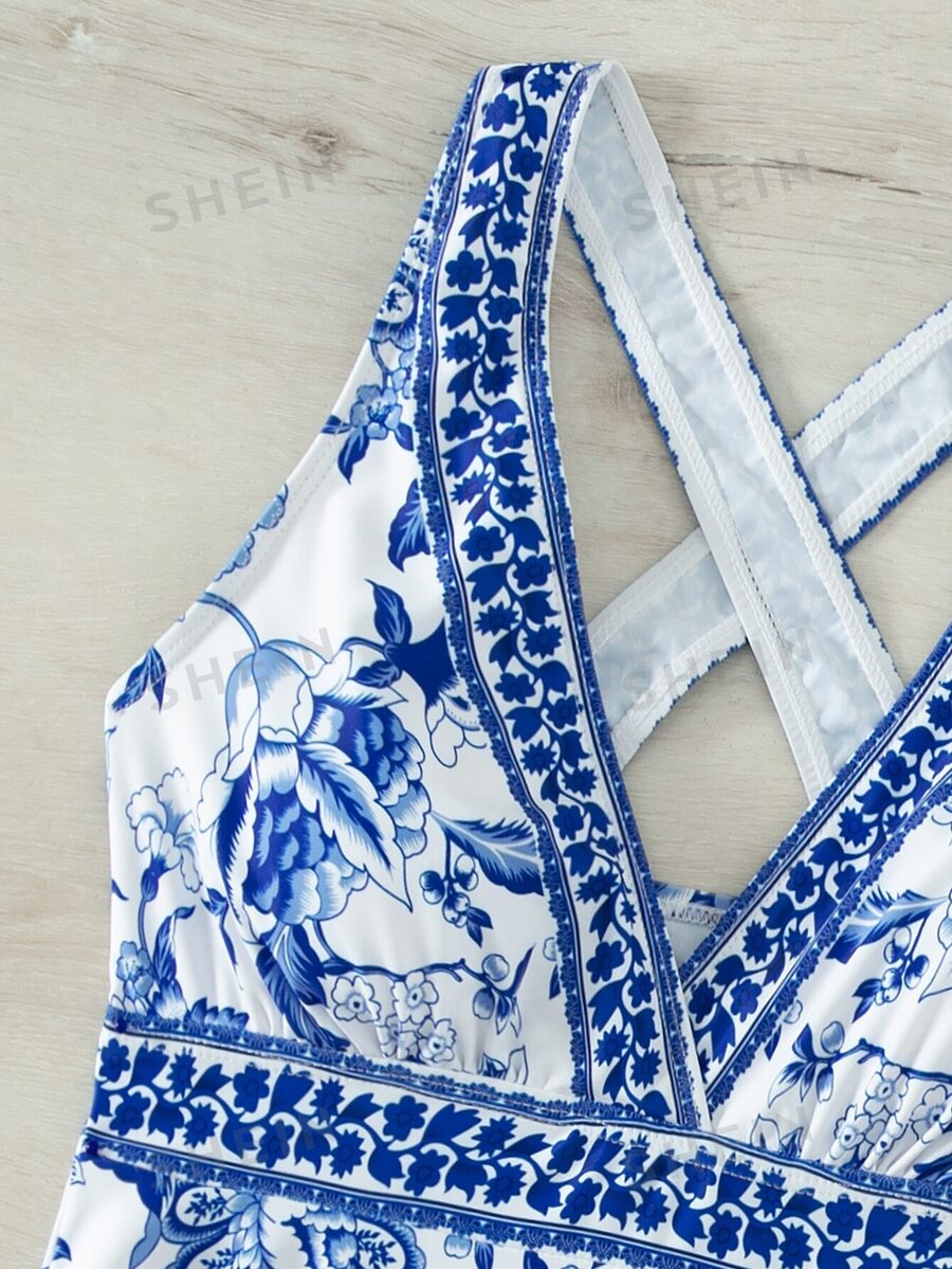 Floral Print Tankini Set Cross Back Swim Dress & Hipster Bottom 2 Piece ...