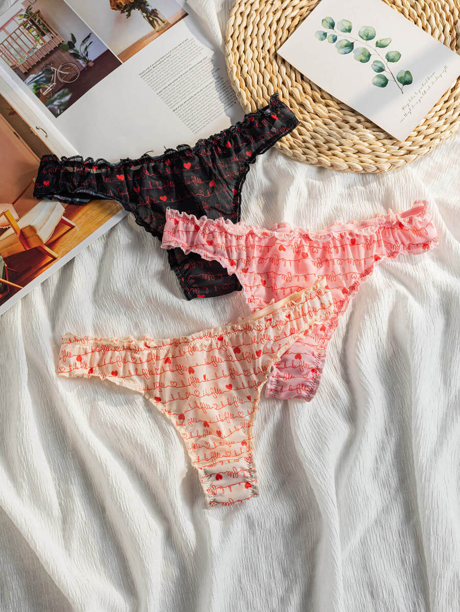 3pack Heart Print Lettuce Trim Panty Set Shein Eur