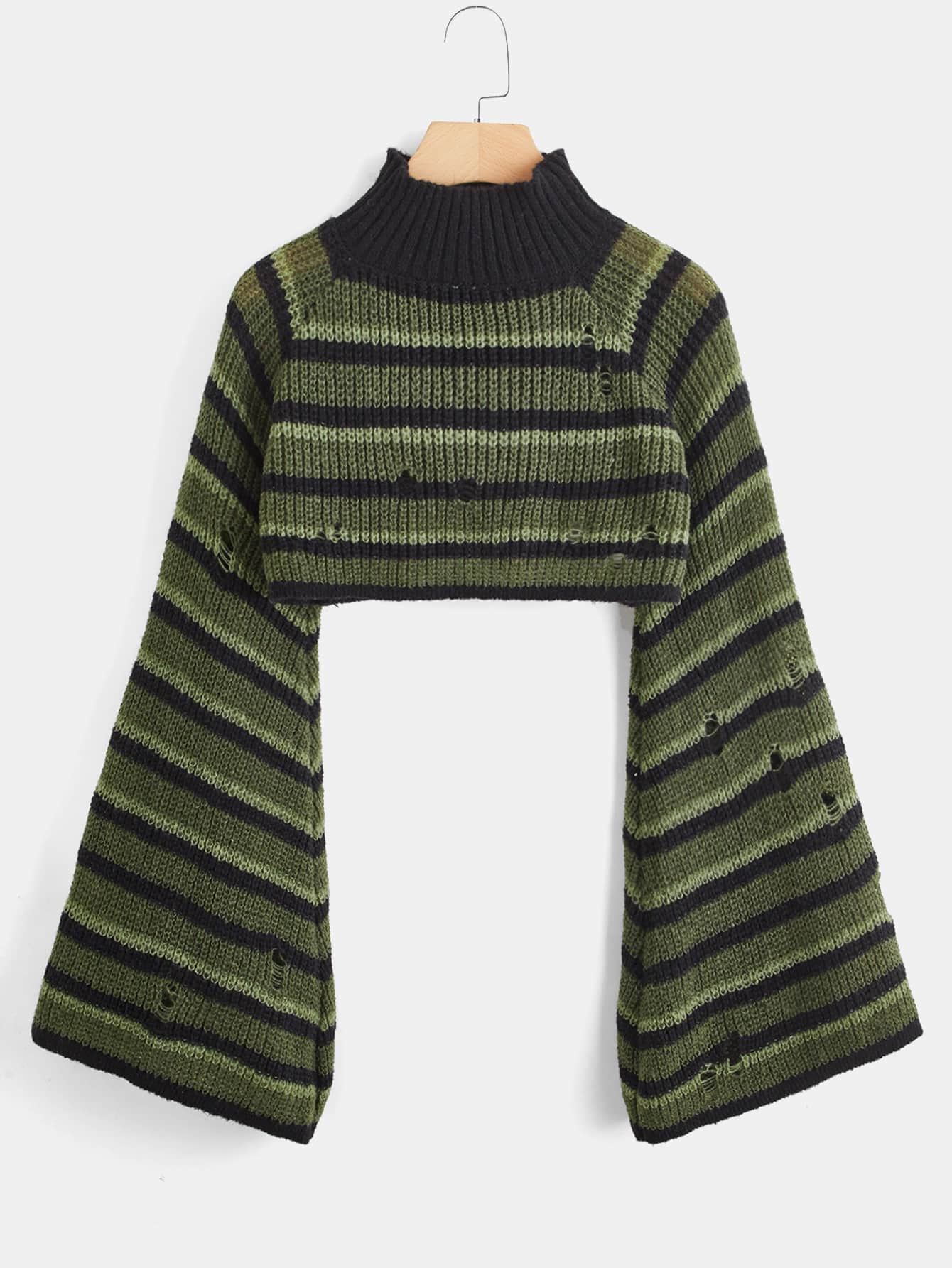 ROMWE Fairycore Striped Pattern Turtleneck Bell Sleeve Sweater