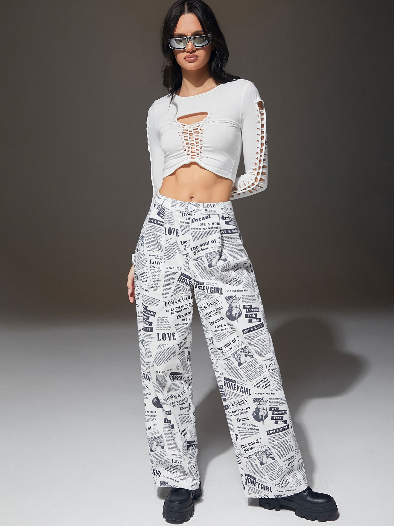 SHEIN Coolane Pantalon ample à imprimé journal | Mode en ligne | SHEIN ...