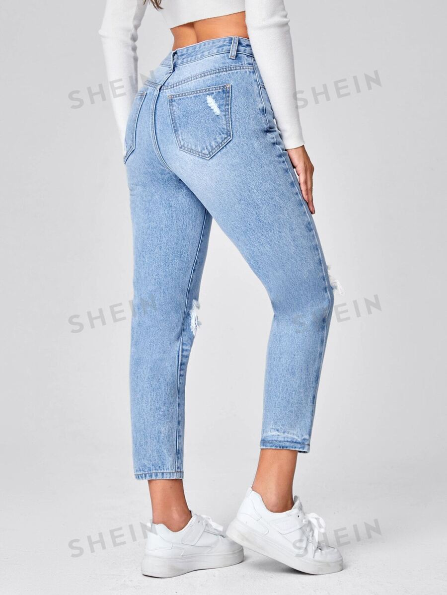 SHEIN Essnce High Waist Ripped Mom Fit Jeans | SHEIN UK