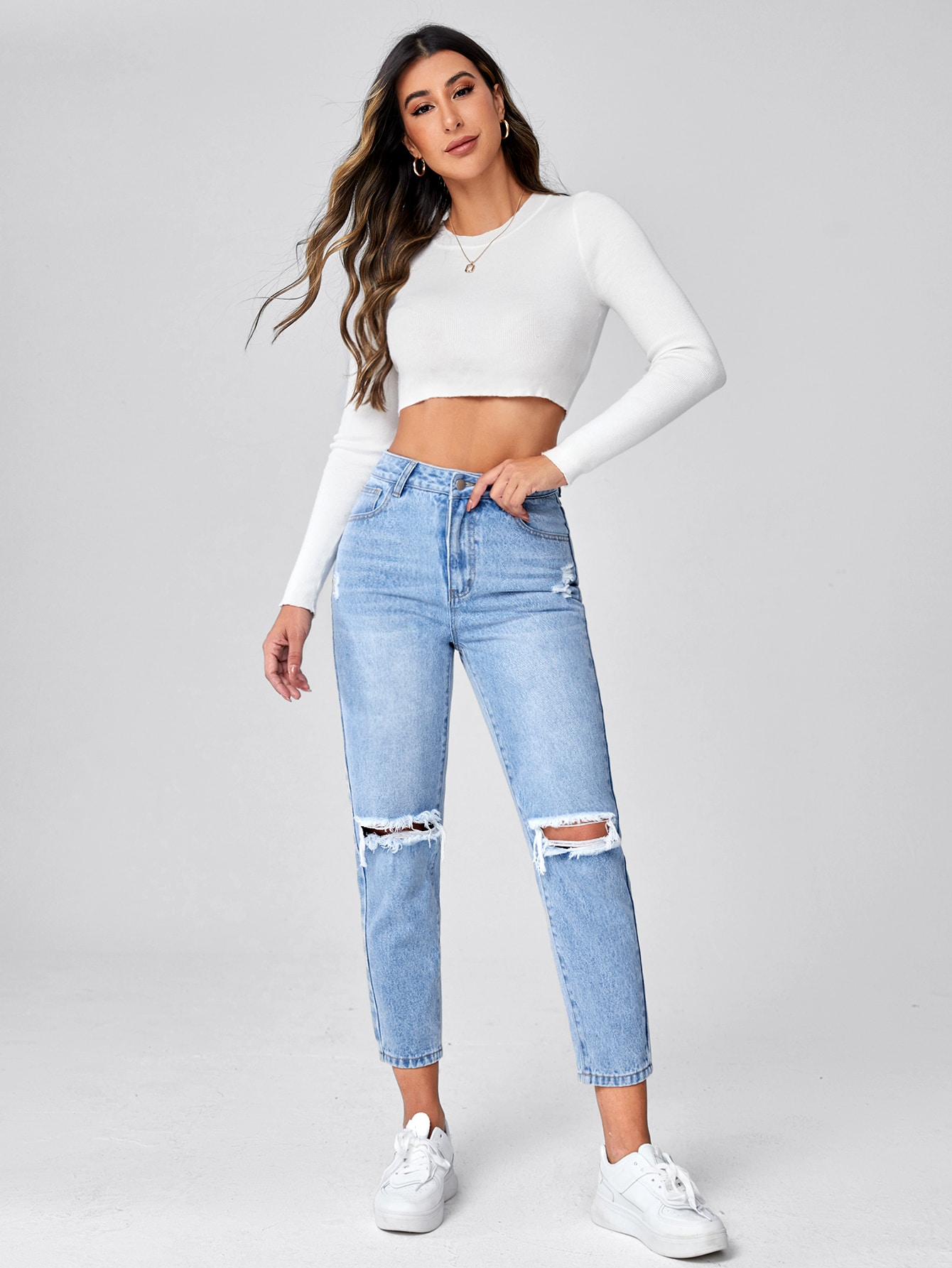 SHEIN Essnce High Waist Ripped Mom Fit Jeans | SHEIN UK
