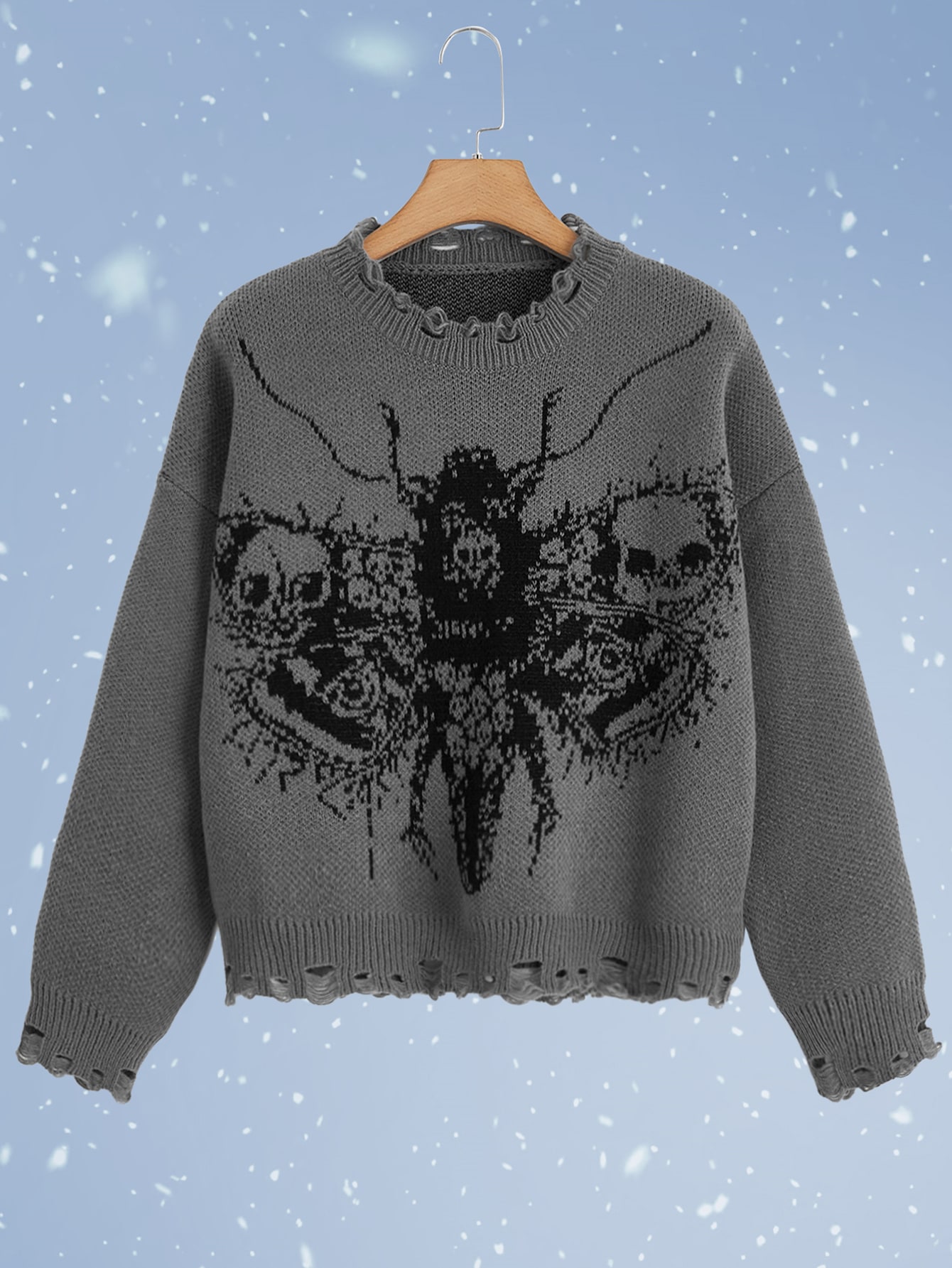 ROMWE Suéter roto con patrón de cráneo de hombros caídos