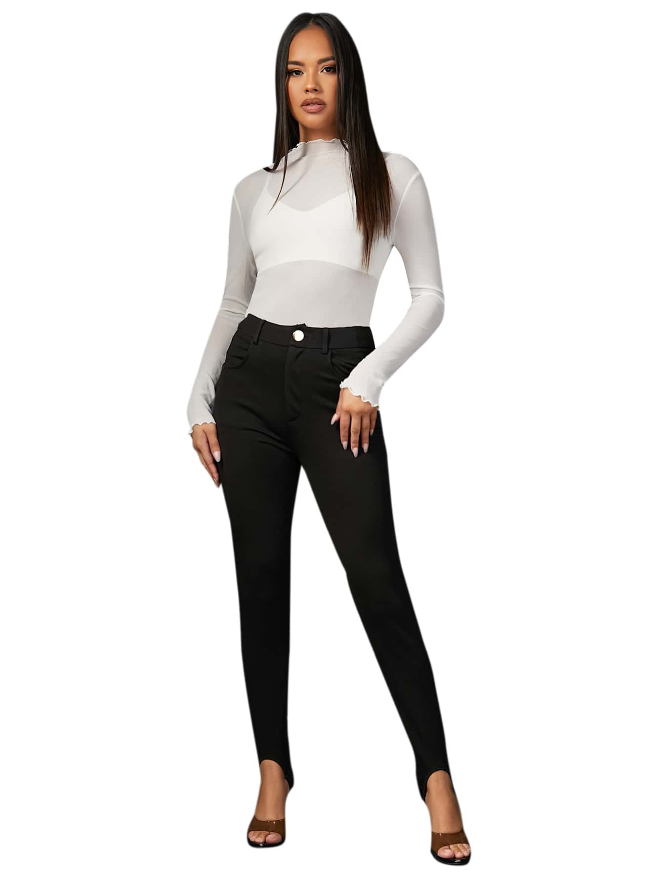 Shein Bae Frill Detail Lettuce Trim Mesh Insert Top Without Bra Shein Usa