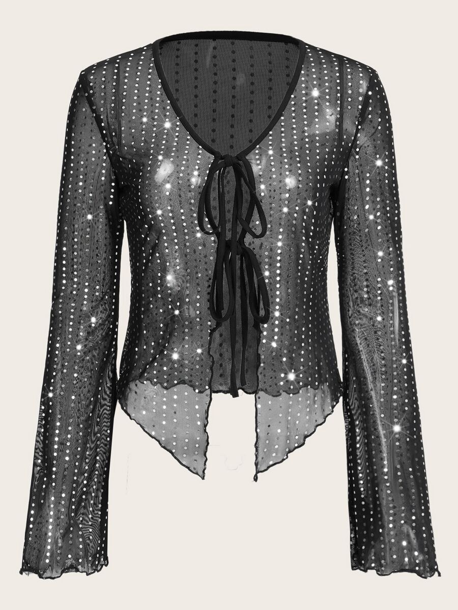 SHEIN ICON Tie Front Sequin Mesh Top | SHEIN USA