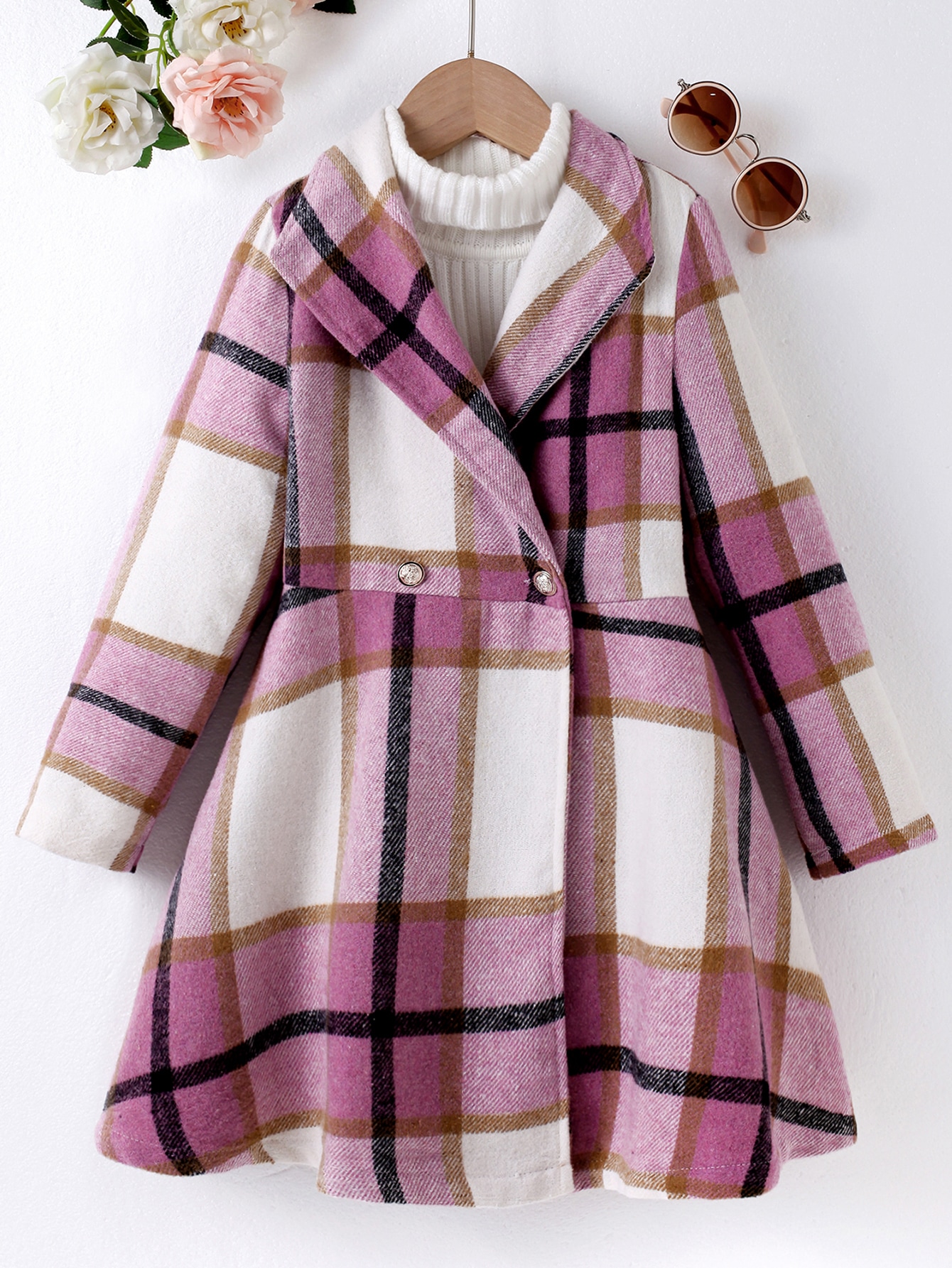 Girls 1pc Plaid Pattern Double Button Overcoat | SHEIN USA