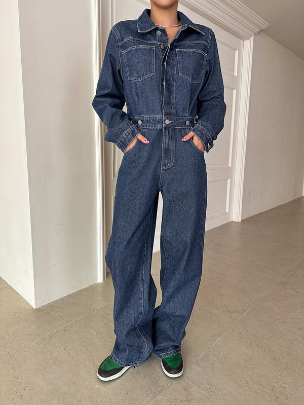 DAZY Pocket Patched Button Front Denim Shirt Jumpsuit | SHEIN USA