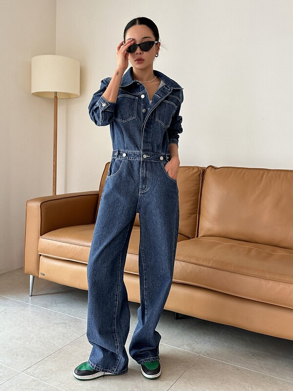 DAZY Pocket Patched Button Front Denim Shirt Jumpsuit | SHEIN USA