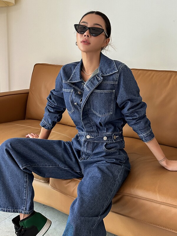 DAZY Pocket Patched Button Front Denim Shirt Jumpsuit | SHEIN USA