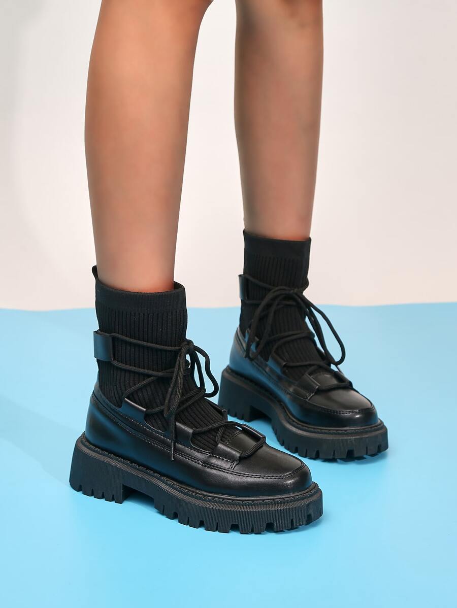 Lace-up Front Platform Chunky Heeled Sock Boots | SHEIN USA