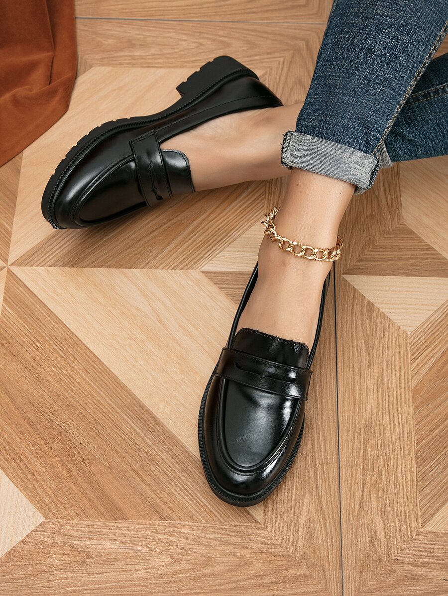 Women Black Minimalist Flats, Elegant Round Toe Penny Loafers | SHEIN UK