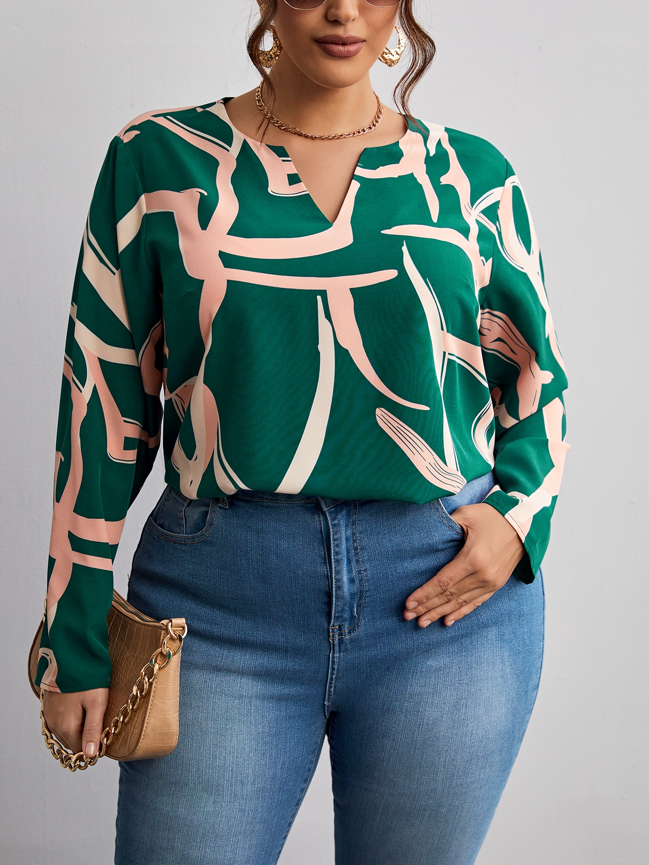 Plus Graphic Print Notched Neck Blouse