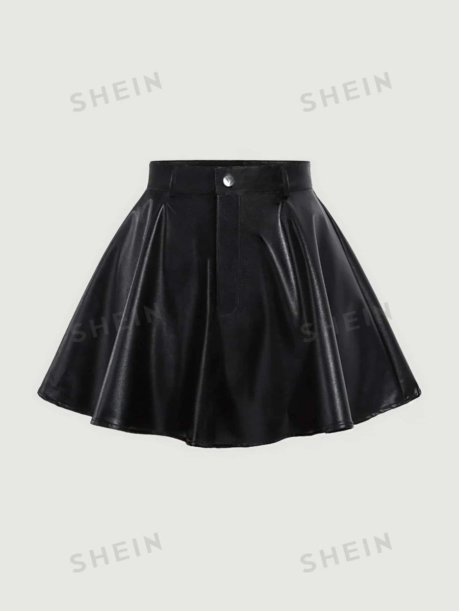 SHEIN MOD Solid PU Leather Skater Black Short Skirt | SHEIN USA