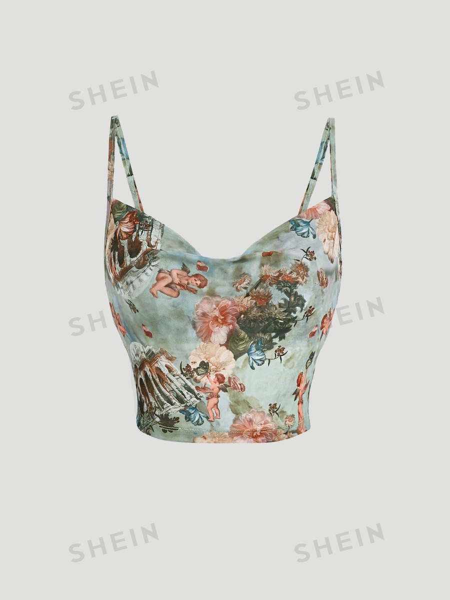 SHEIN MOD Top de tirantes floral & con estampado de ángel con fruncido ...