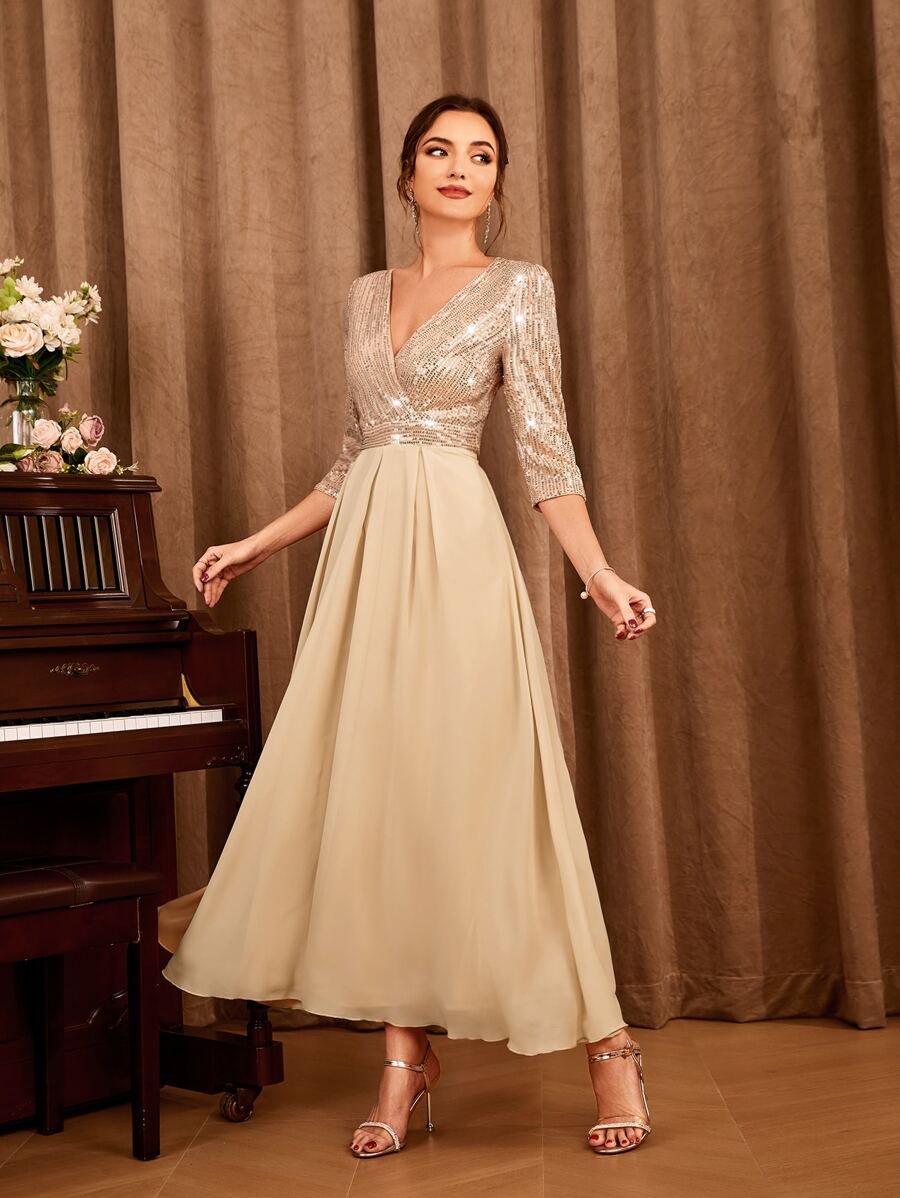 Contrast Sequin Surplice Front Dress Elegant Formal Evening Prom ...