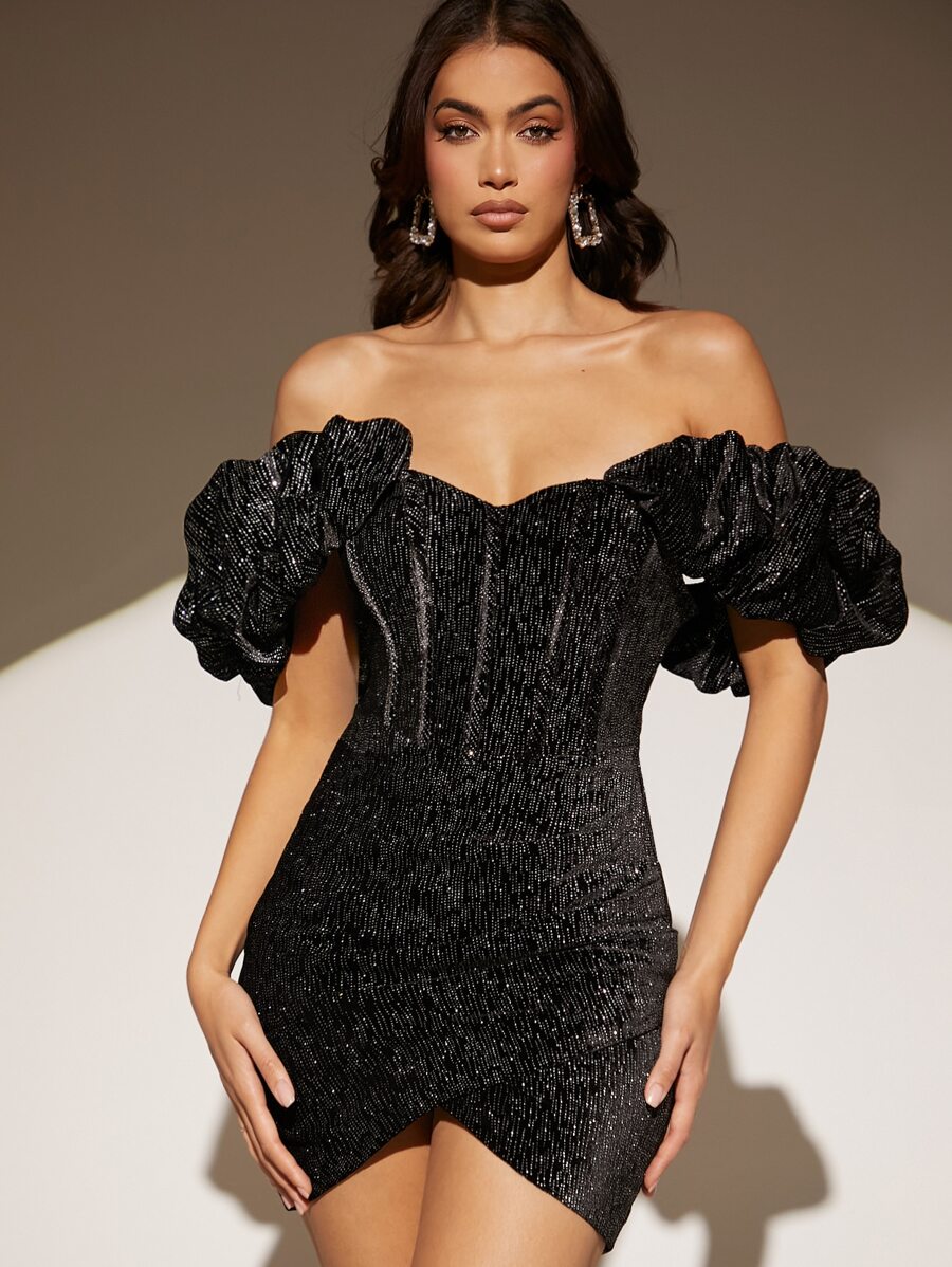 Velvet Metallic Puff Sleeve Tulip Hem Mini Dress | SHEIN USA