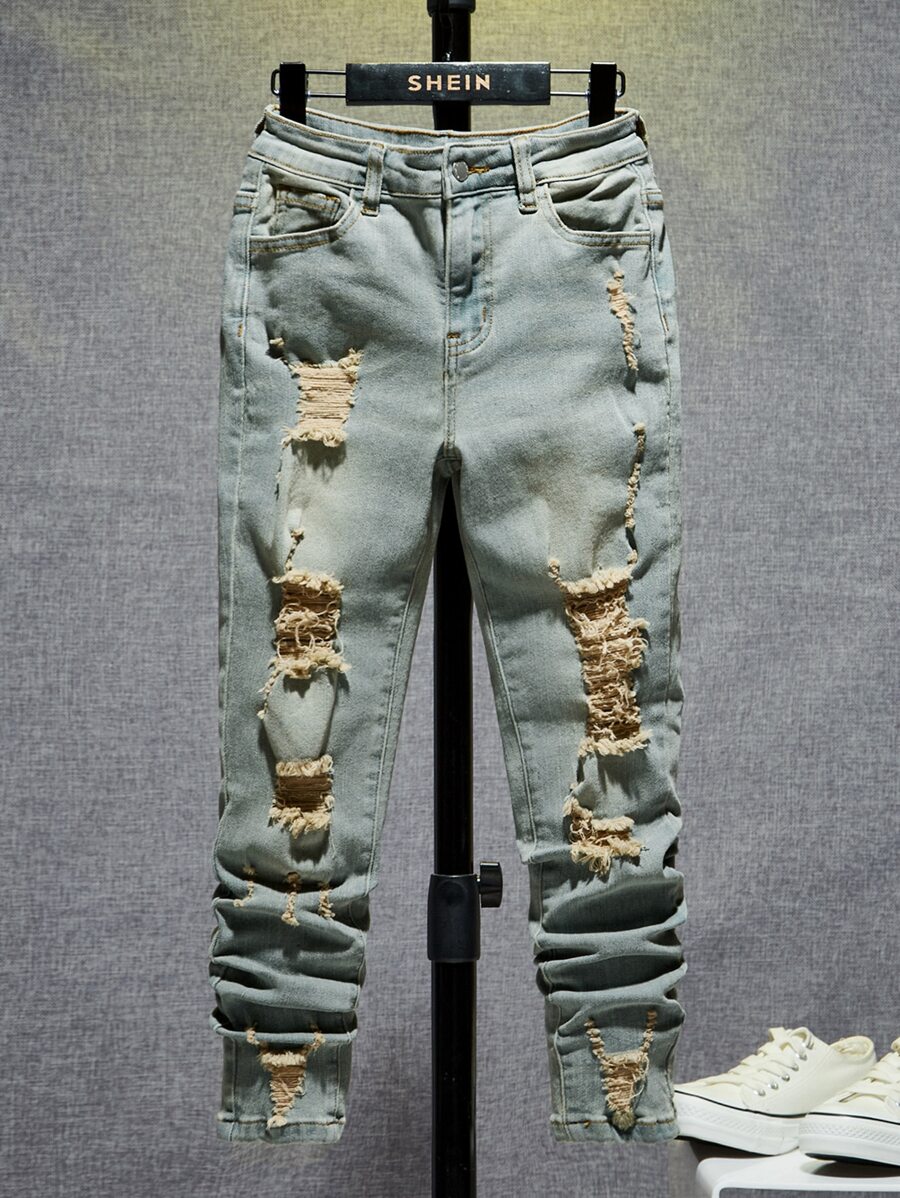 SHEIN Jeans Ajustados Con Estilo Desgarrado Y Deshilachado Para Jóvenes ...