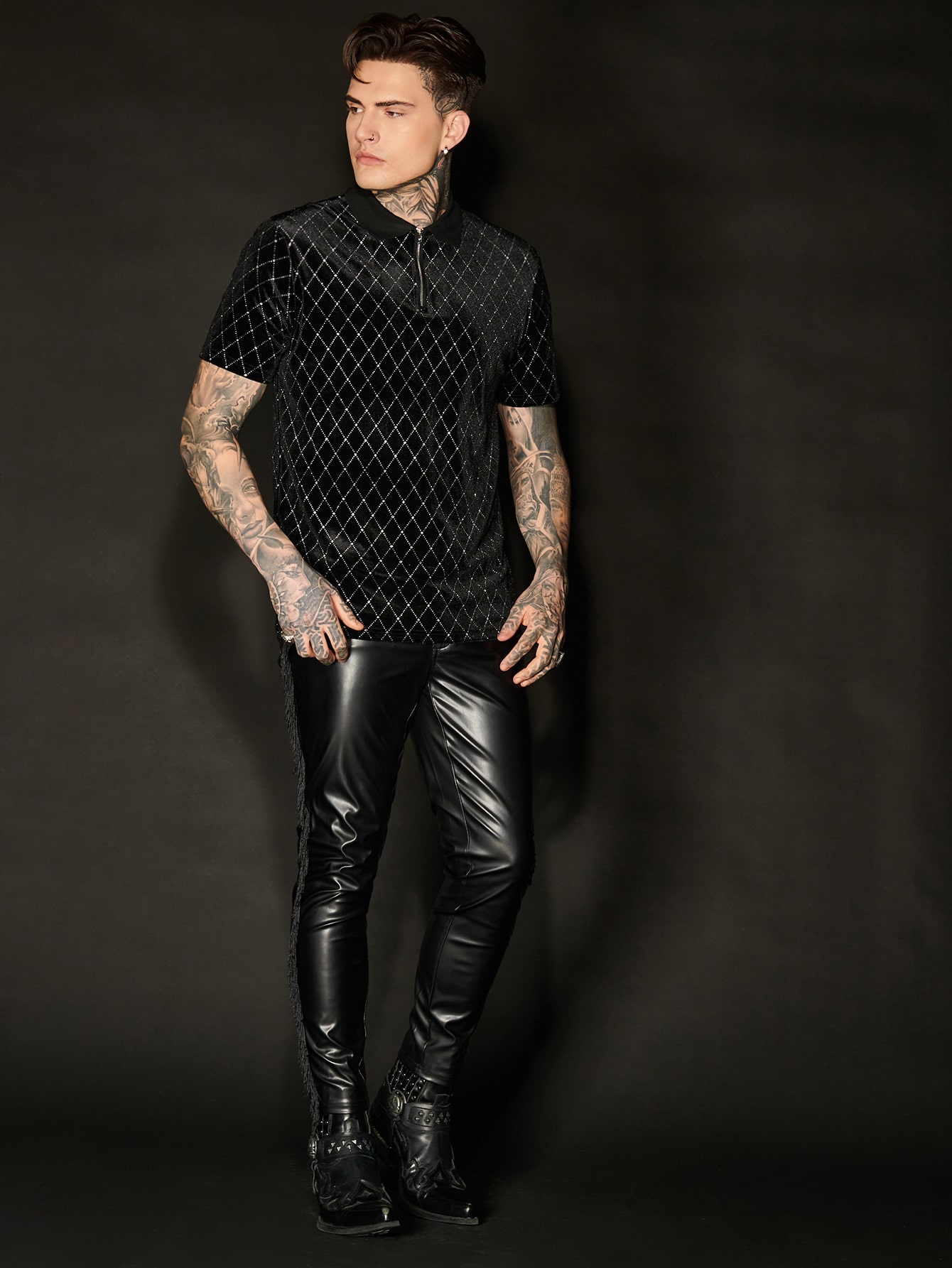 Manfinity AFTRDRK Men Argyle Pattern Quarter Zip Velvet Polo Shirt ...