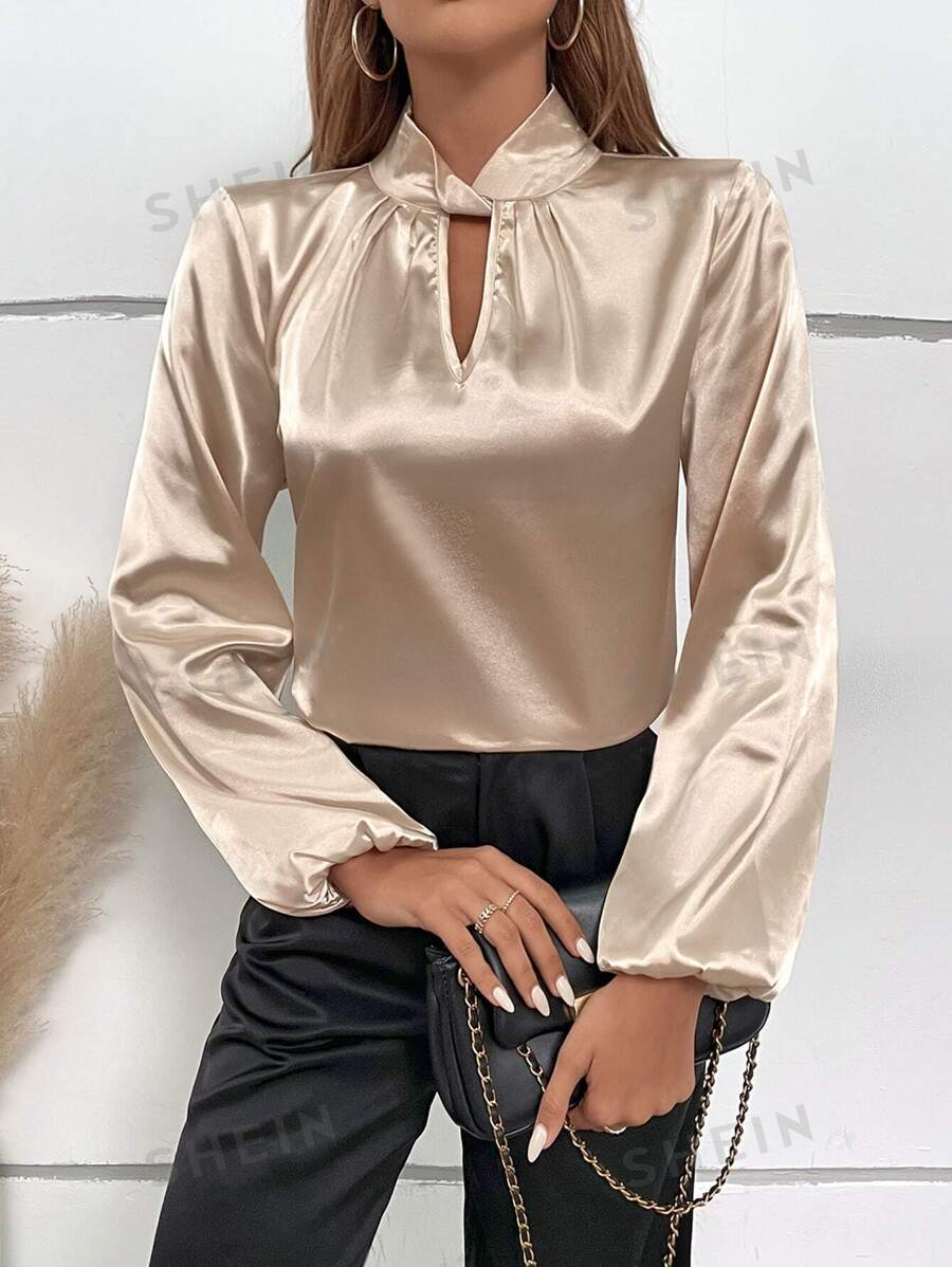 Shein Privé Keyhole Neckline Lantern Sleeve Satin Blouse Shein Asia