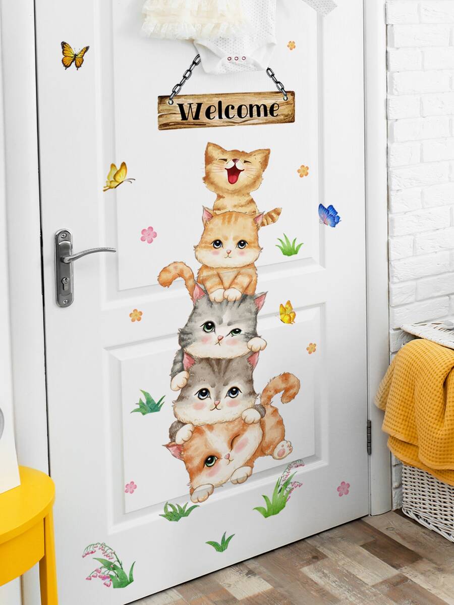 1pc Cat & Butterfly Pattern Door Sticker, Cartoon Cute Adhesive Wall ...