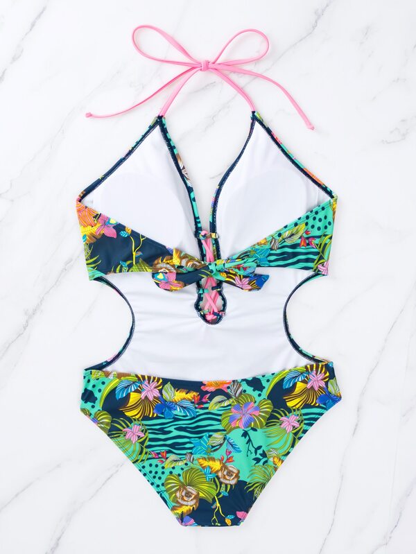 SHEIN Swim Vcay Costume intero con stampa floreale con lacci frontale ...