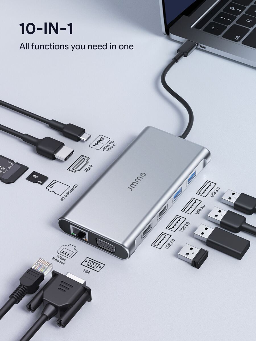 JMMO USB-C Hub,10-In-1 USB C Hub Adapter With 2 USB 2.0 Ports,2 USB 3.0 Ports -Compatible ...
