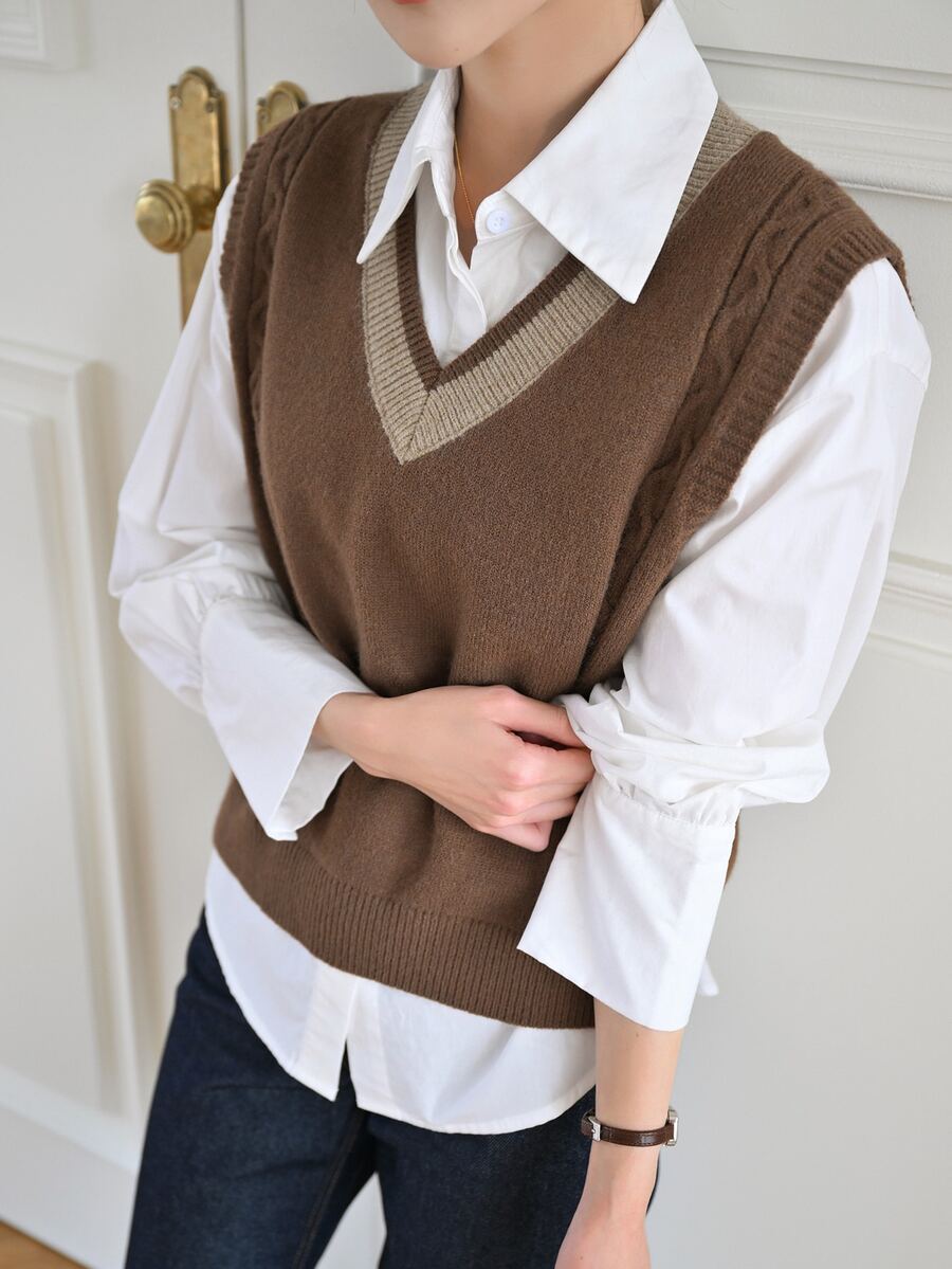 DAZY Contrast Trim V Neck Cable Knit Top Without Blouse | SHEIN UK