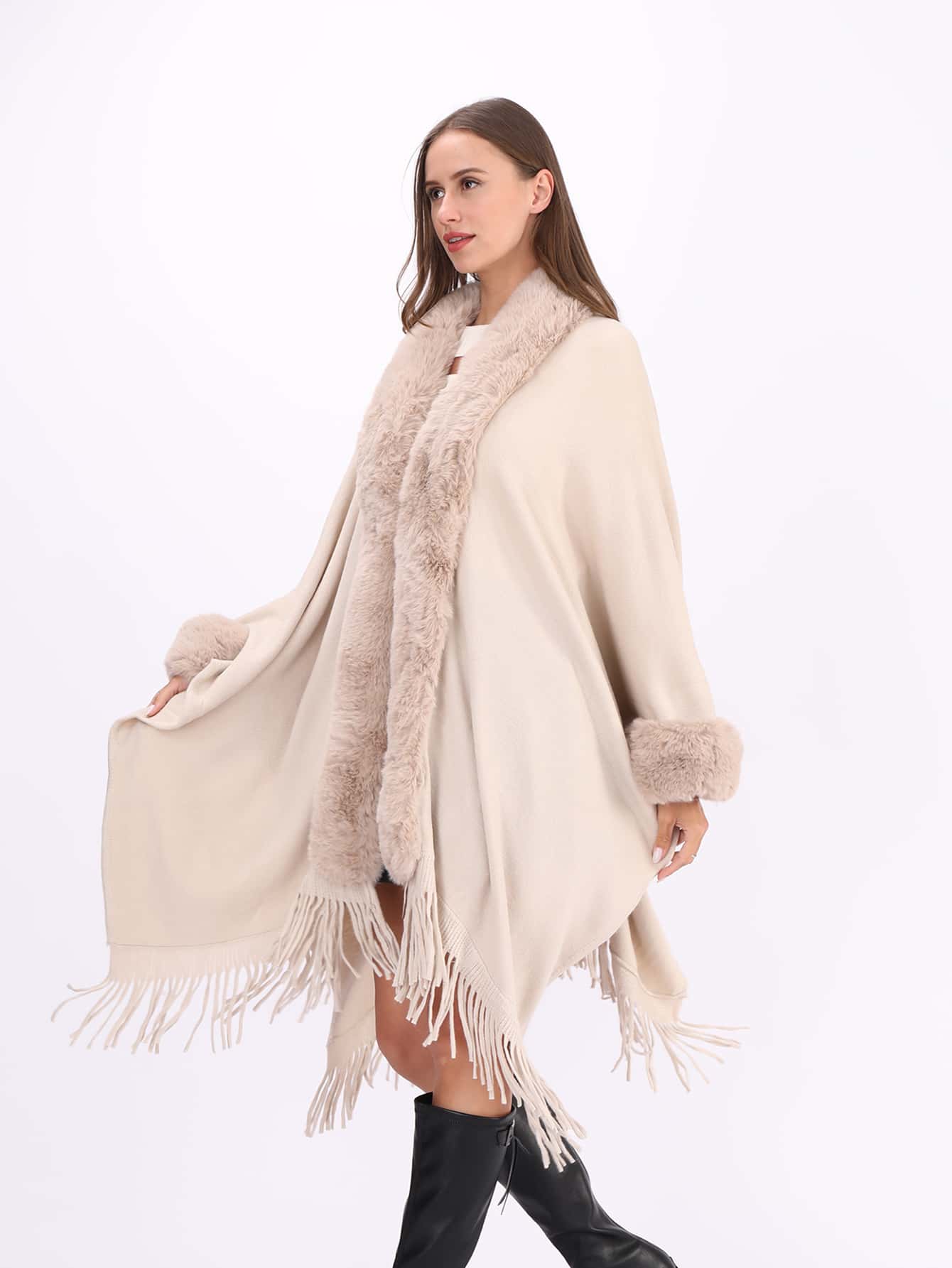 Fuzzy Panel Fringe Trim Shawl | SHEIN USA