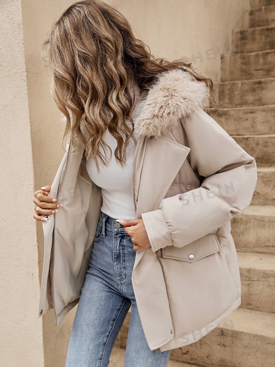 Shein Essnce Casual Eenkleurig Dames Winterjassen Rits Contrast Nep