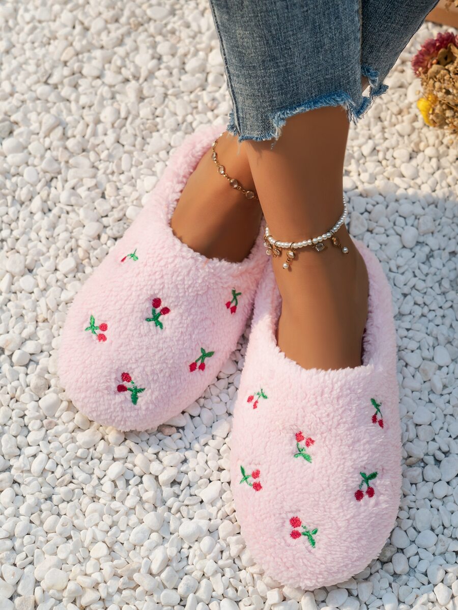 Cherry Embroidered Fluffy Bedroom Slippers | SHEIN USA