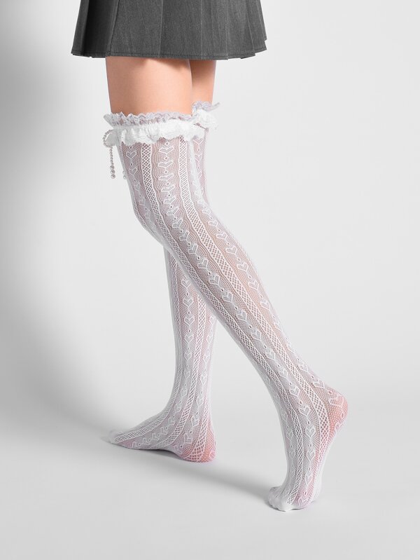 Heart Pattern Faux Pearl Bow Decor Fishnet Over The Knee Socks | SHEIN USA