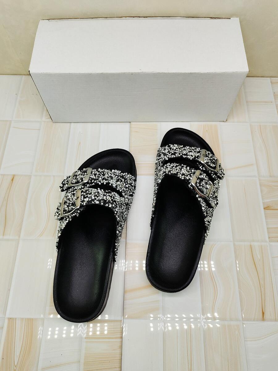 Women Sequin & Buckle Decor Slides, Fashion Summer Flatform Slides ...