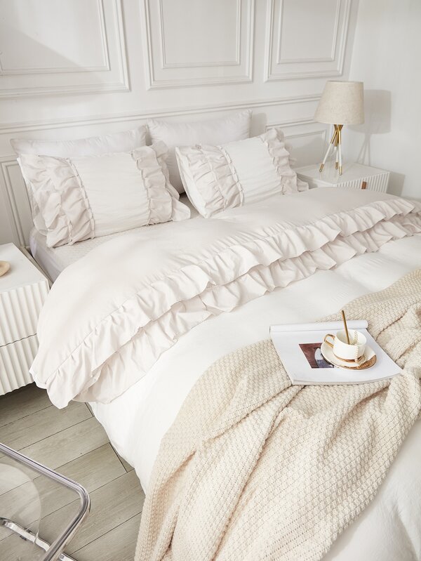 Solid Ruffle Trim Duvet Cover Set Without Filler | SHEIN UK