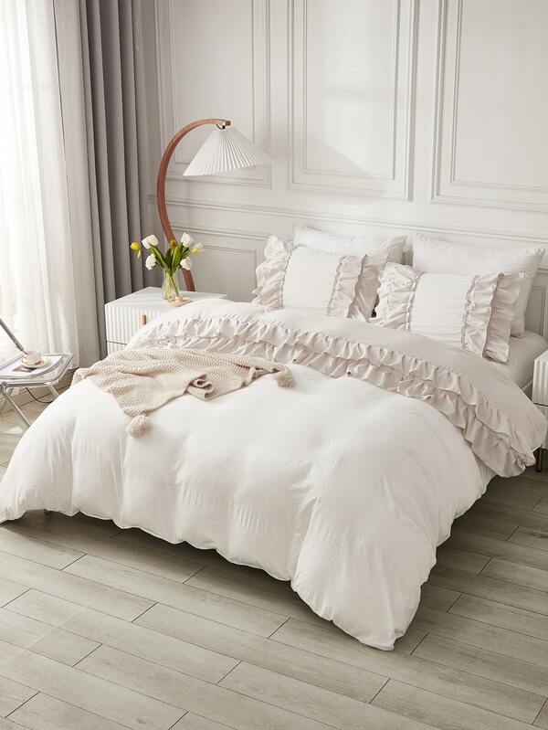 Solid Ruffle Trim Duvet Cover Set Without Filler | SHEIN UK