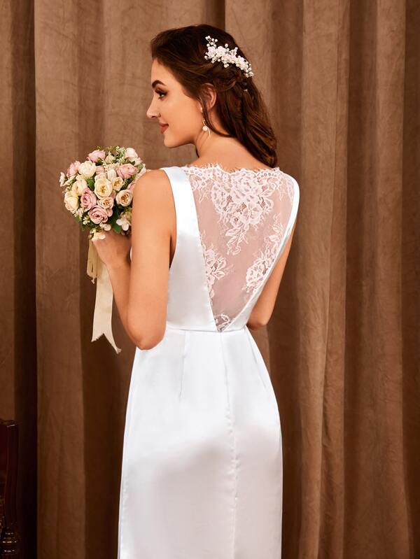 Contrast Lace Mermaid Hem Satin Wedding Dress Without Veil | SHEIN UK