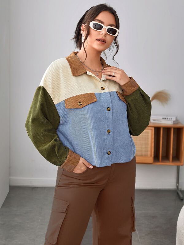 SHEIN EZwear Plus Color Block Drop Shoulder Shirt | SHEIN USA