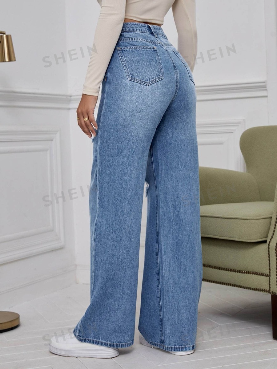 SHEIN EZwear Washed Denim Blue High Waist Ripped Wide Leg Jeans | SHEIN USA