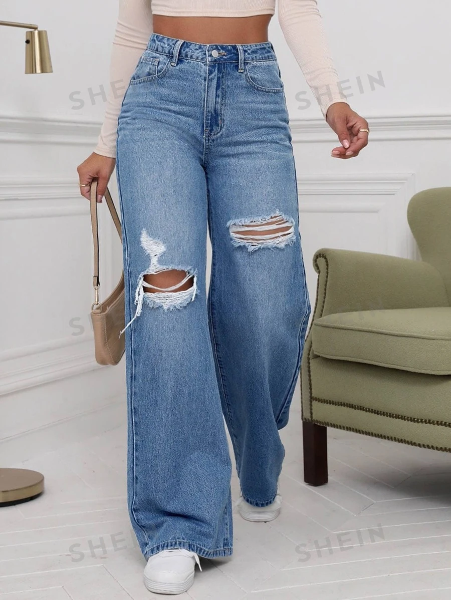 SHEIN EZwear Washed Denim Blue High Waist Ripped Wide Leg Jeans | SHEIN USA
