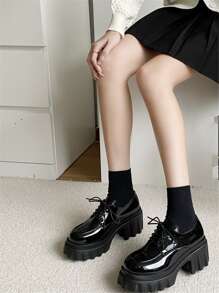Lace-Up Front Platform Oxford Shoes,Black Chunky High-Heeled British ...