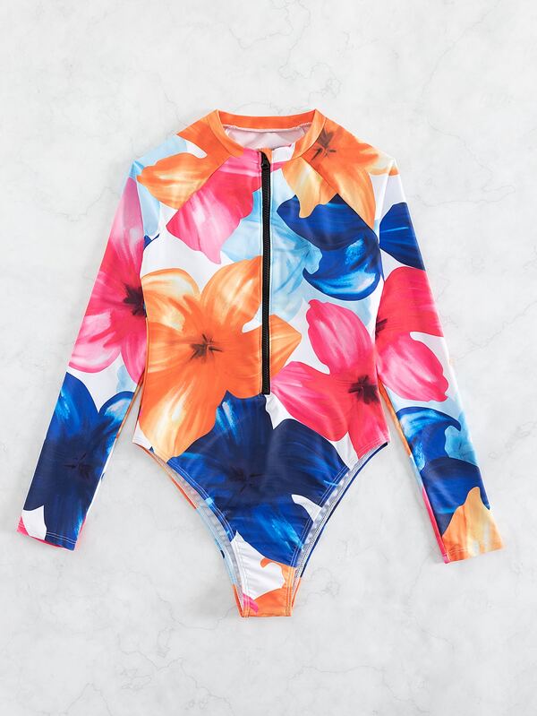 Shein Swim Sprty Floral Print Zip Front One Piece Swimsuit Shein Usa