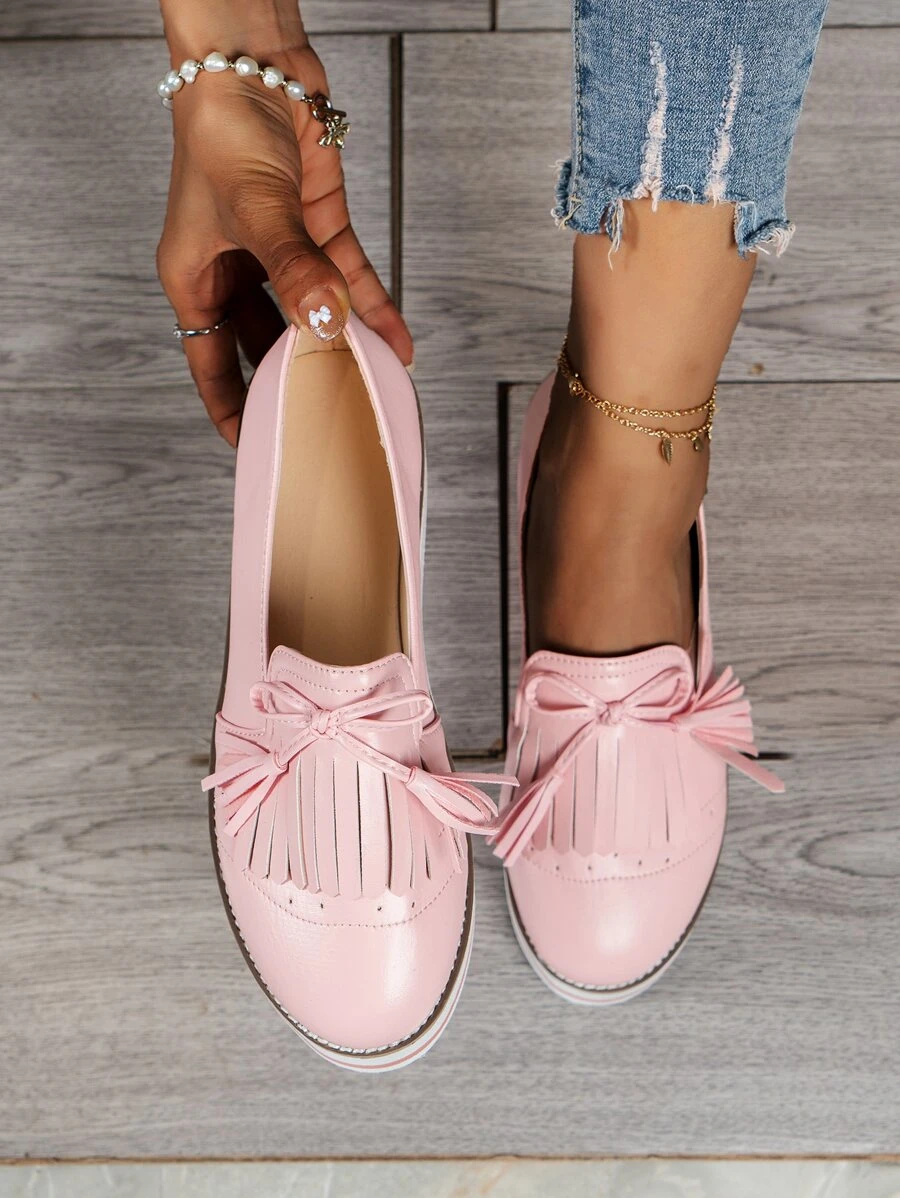 Fashion Pink Loafer Shoes Women Fringe & Bow Decor Flats | SHEIN USA