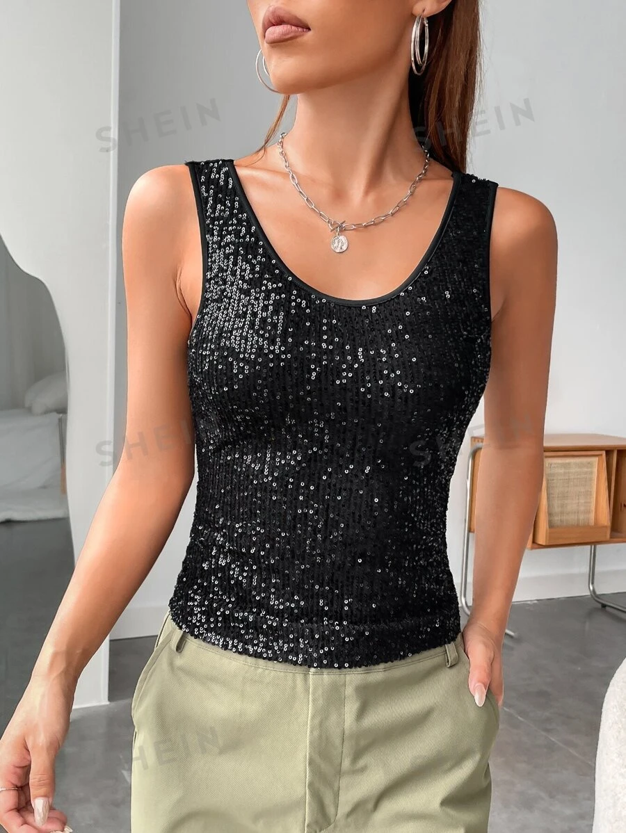 SHEIN BAE Scoop Neck Sequin Tank Top | SHEIN UK