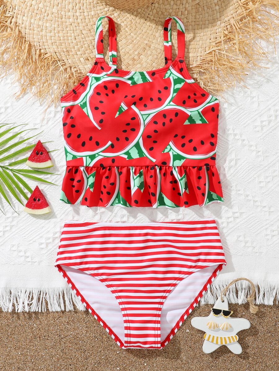 Tween Girl Striped & Watermelon Print Ruffle Hem Tankini Summer Beach ...