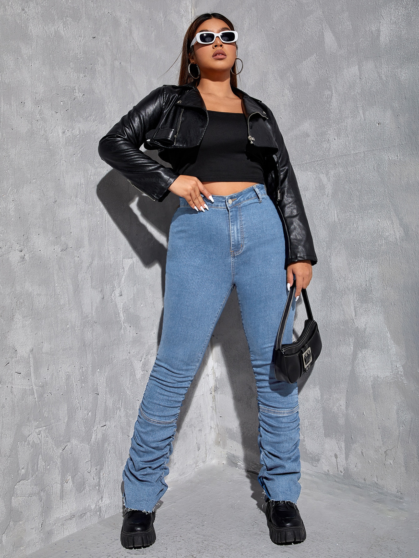 SHEIN Plus High Waist Ruched Stacked Skinny Jeans | SHEIN USA