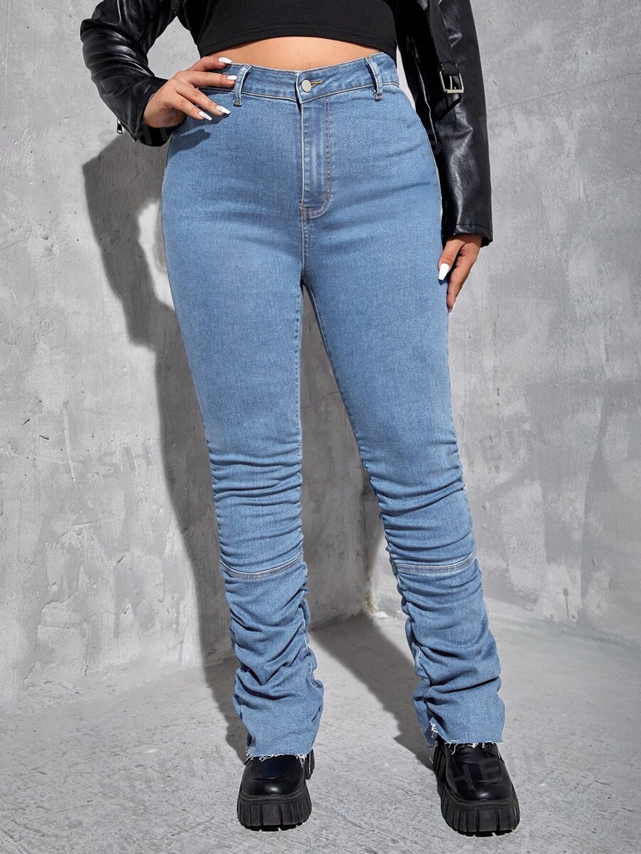 SHEIN EZwear Plus High Waist Ruched Stacked Skinny Jeans | SHEIN USA