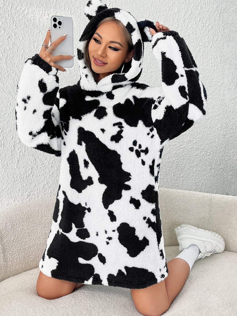 SHEIN EZwear Cow Print Drop Shoulder 3D Ears Design Flannel Hoodie ...